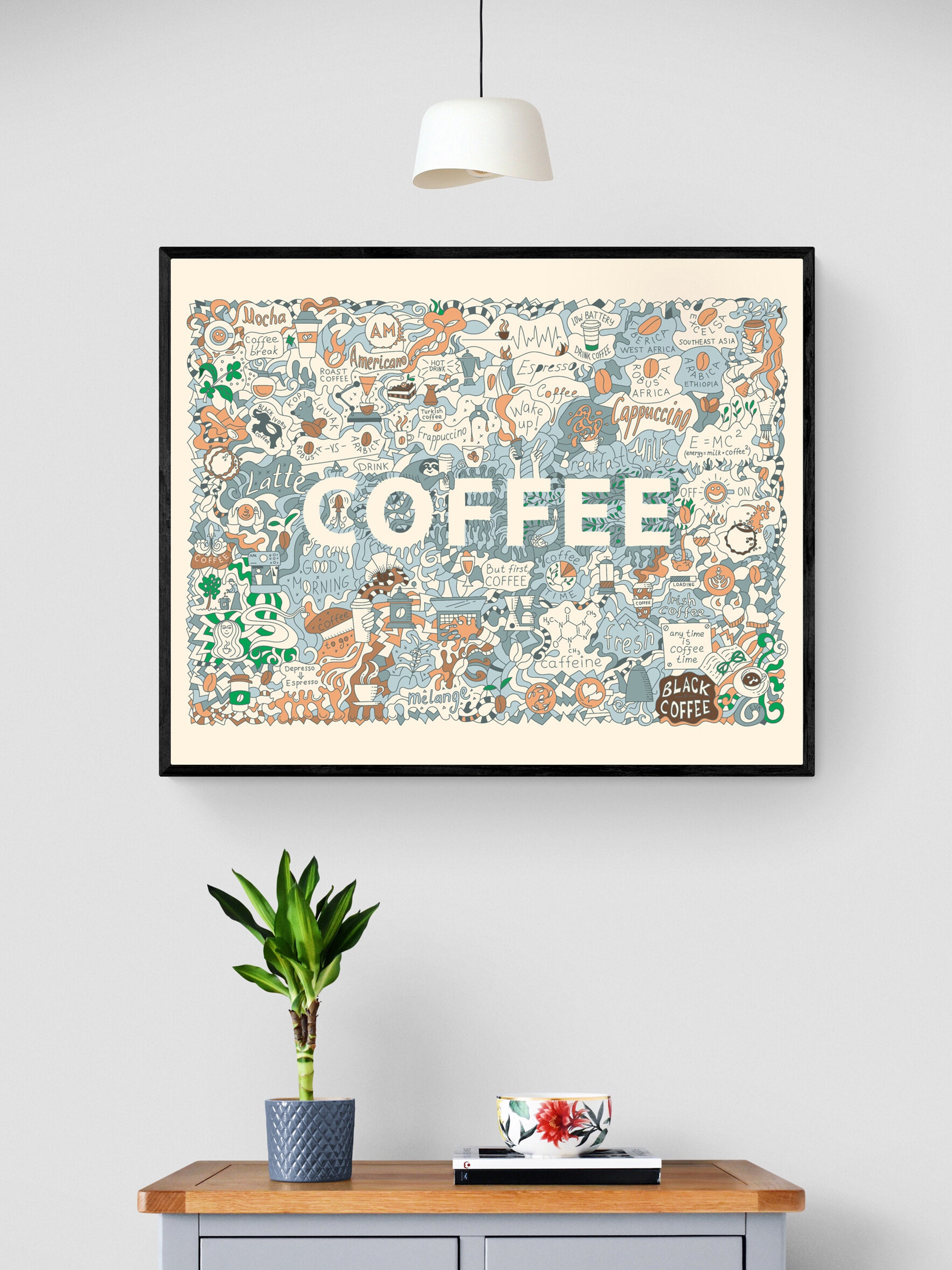 Coffee Doodle Line Art. Coffee Shop Decor. Coffee Theme Poster. Coffee ...