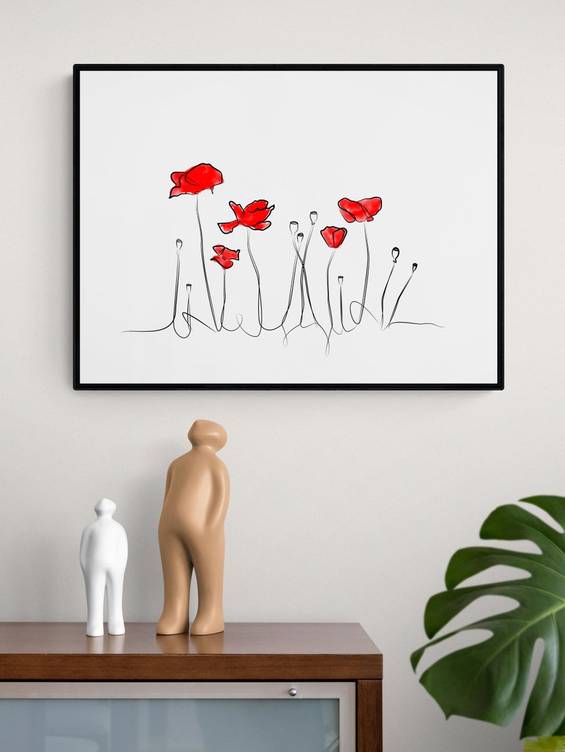 Poppy Printable One Line Art. Wall Art of Red Poppy Flowers With ...