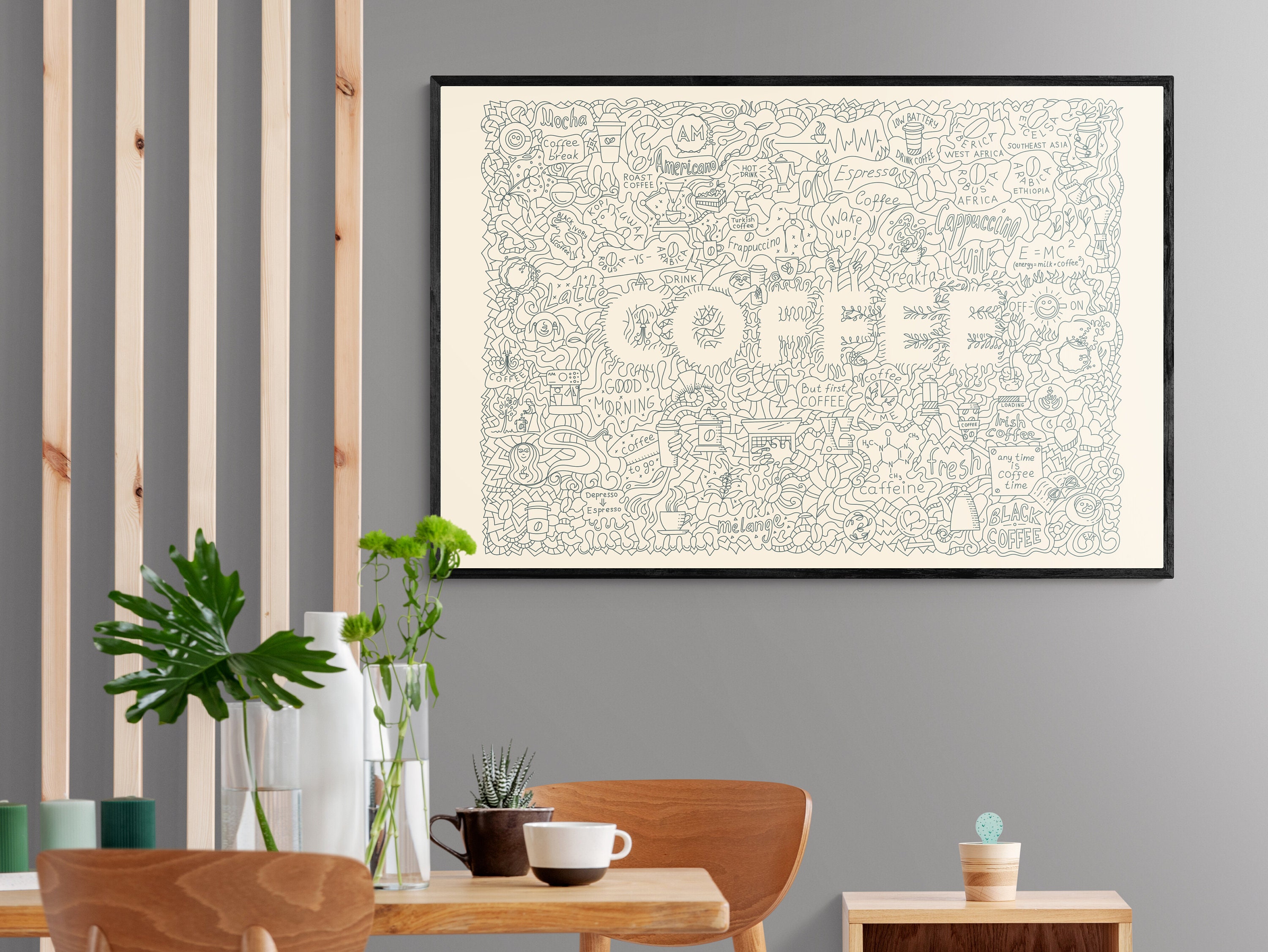 Coffee Theme Poster. Coffee Doodle Line Drawing. Minimalist Printable ...