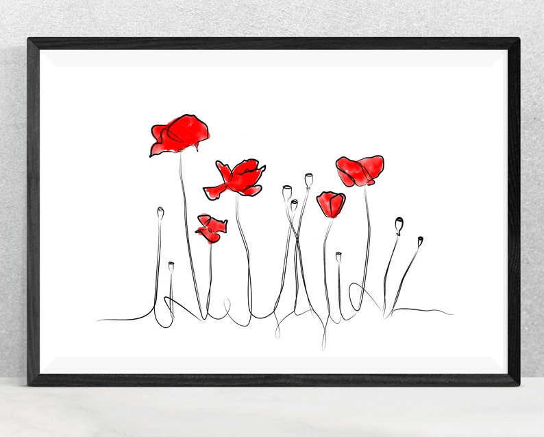 Poppy Printable One Line Art. Wall Art of Red Poppy Flowers With ...