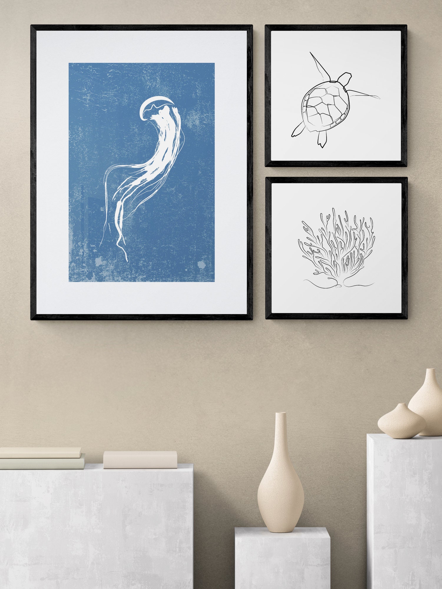 Set of 3 Printable One Line Drawing of Turtle, Jellyfish and Coral ...
