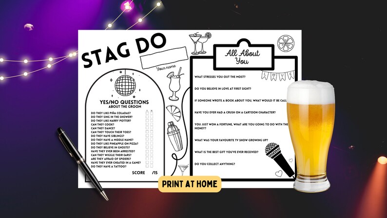 Stag Do Activity Sheet for Table Conversation Starter Party Game ...