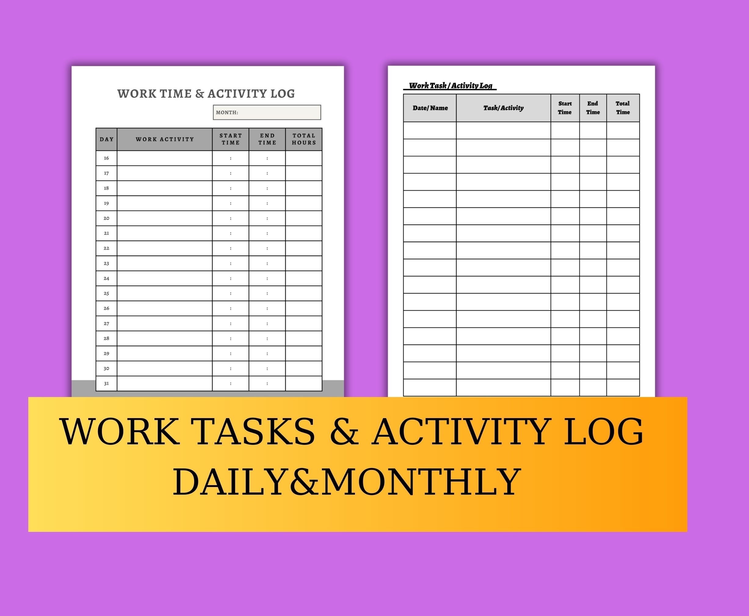 Printable Work Time Sheets Log Book/ Daily / Weekly/ Monthly Employee ...