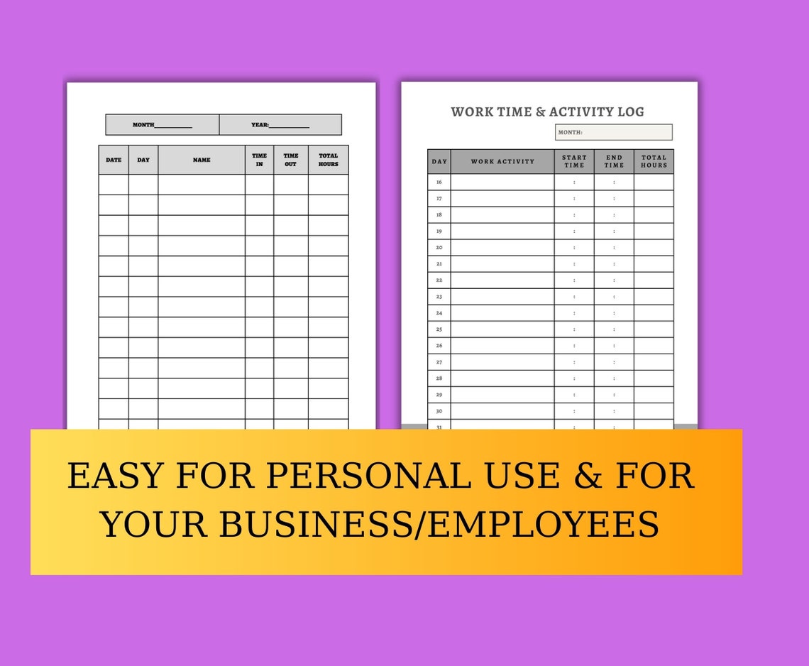 Printable Work Time Sheets Log Book/ Daily / Weekly/ Monthly Employee ...