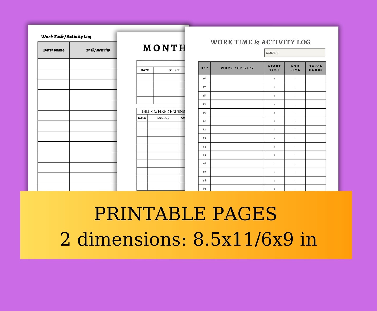 Printable Work Time Sheets Log Book/ Daily / Weekly/ Monthly Employee ...