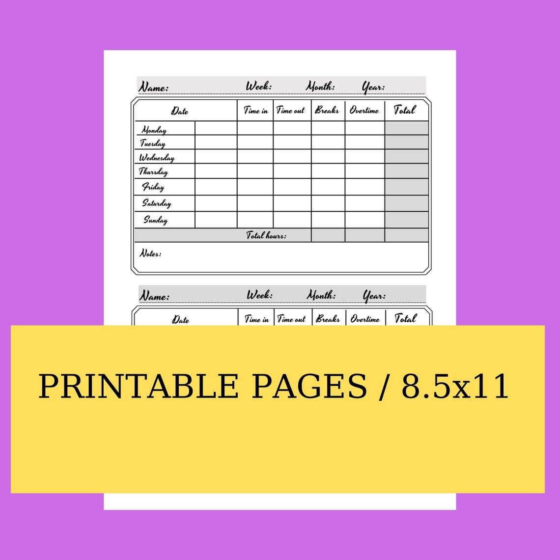 Printable Time Sheets Log Book / Daily / Weekly/ Monthly Time | Etsy