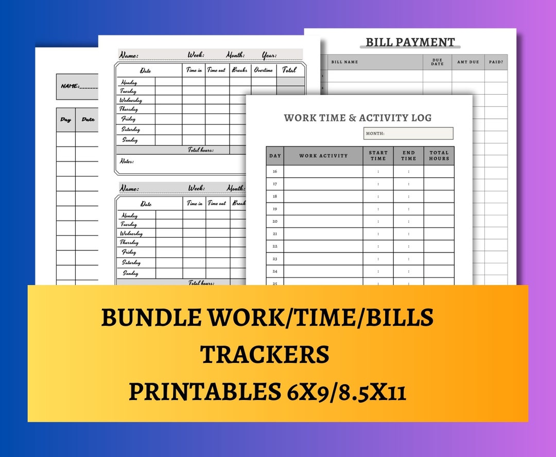 Bundle Printable Trackers/ Time Sheets, Work Task, Monthly Budget, Bill ...