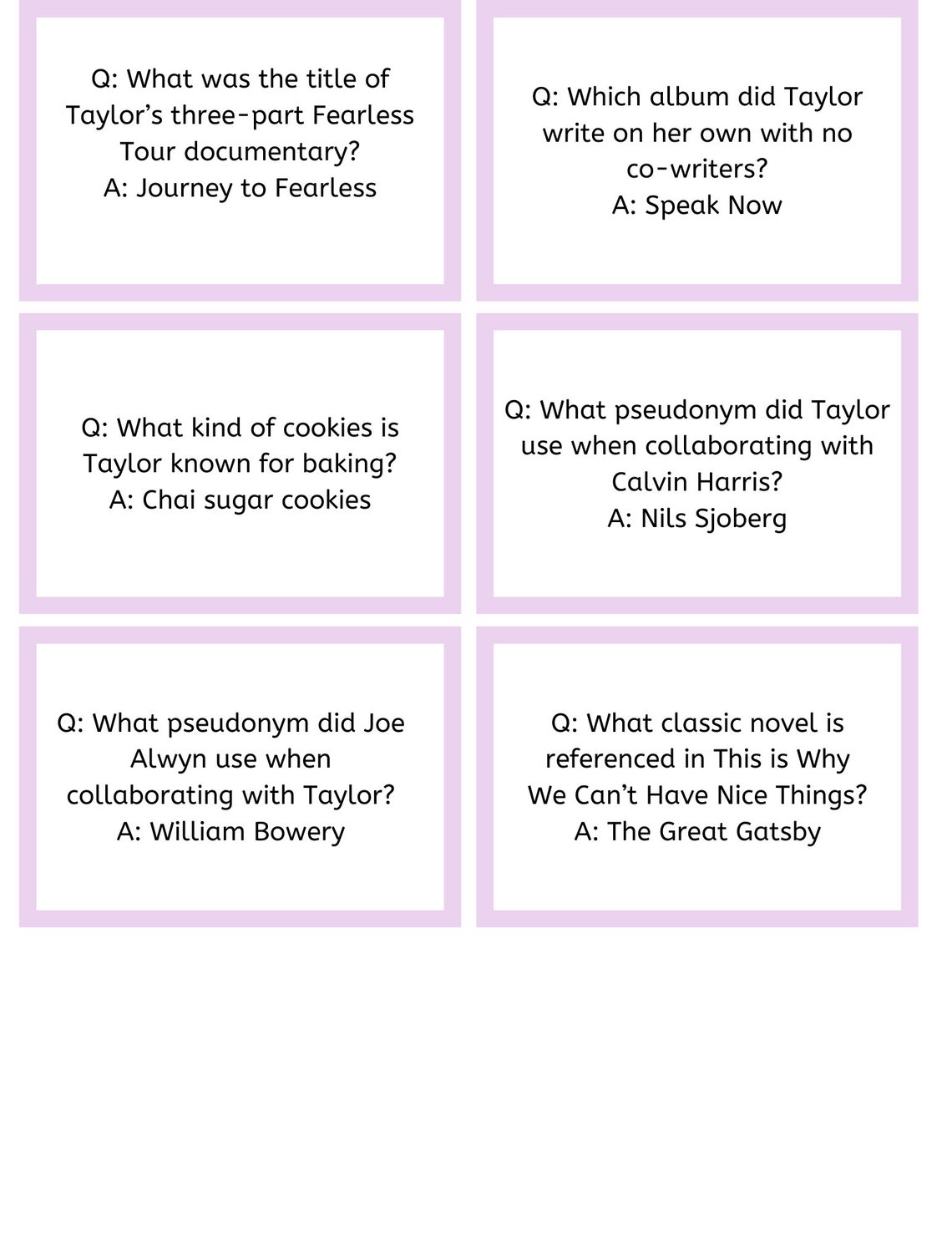 Printable Swiftie Trivia Cards - Etsy