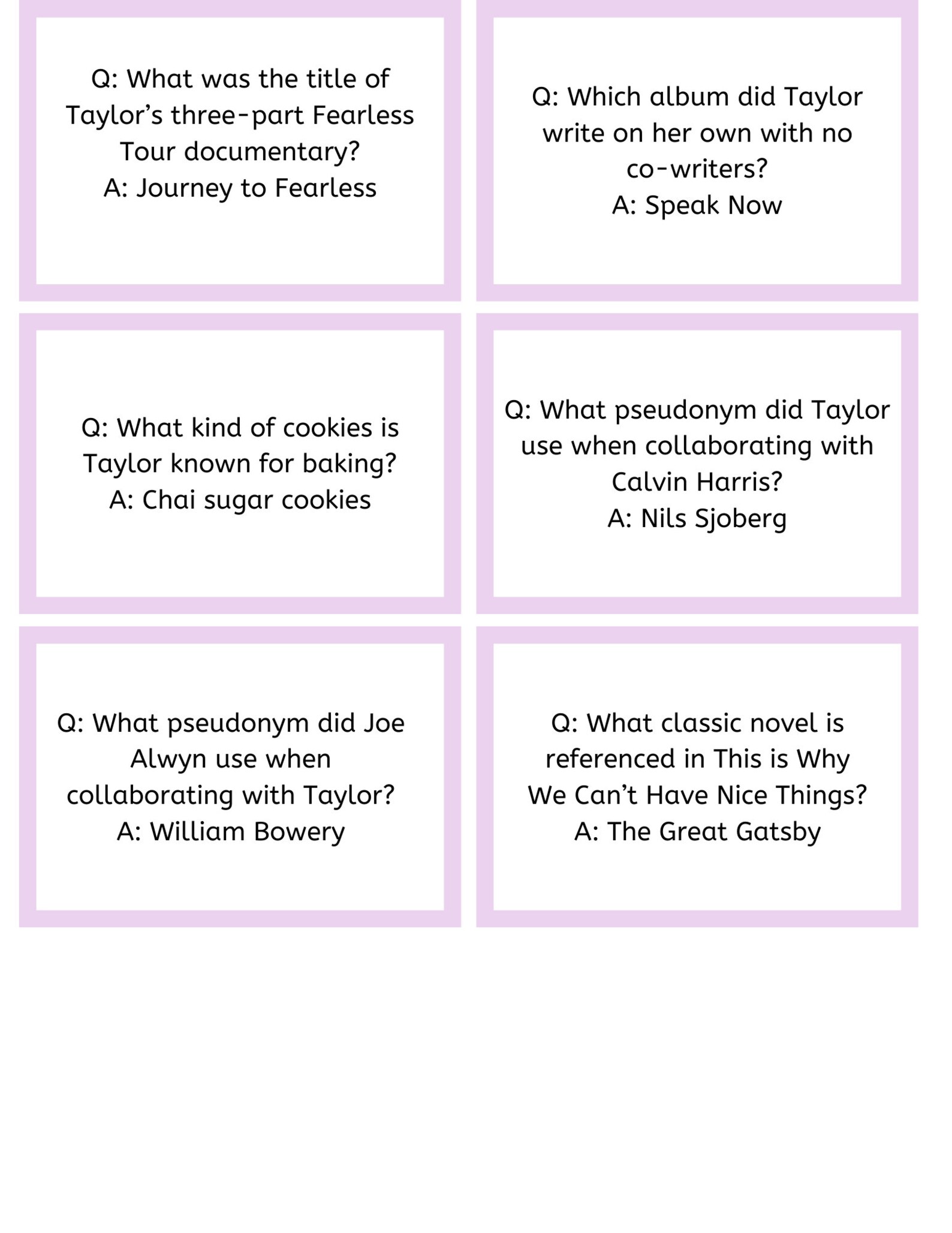 Printable Swiftie Trivia Cards - Etsy