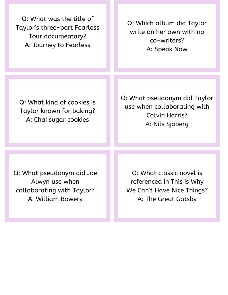 Printable Swiftie Trivia Cards - Etsy