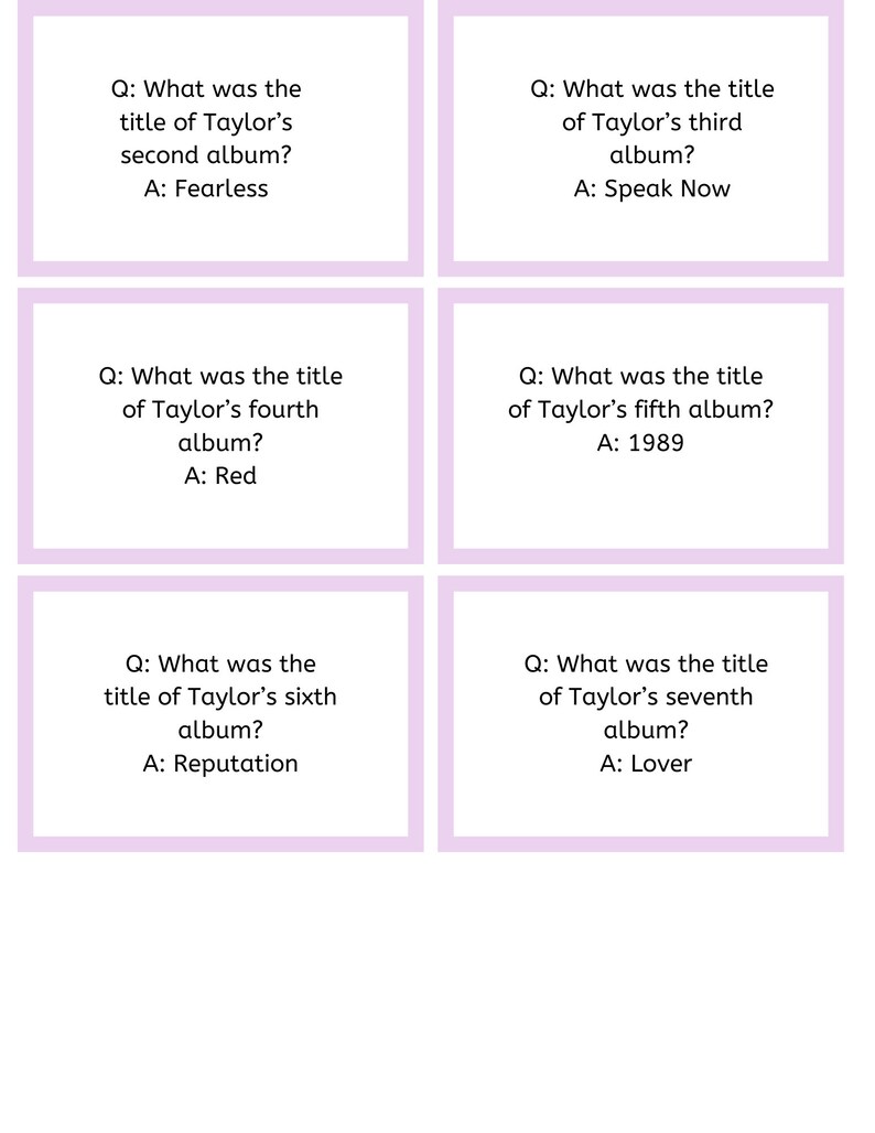 Printable Swiftie Trivia Cards - Etsy