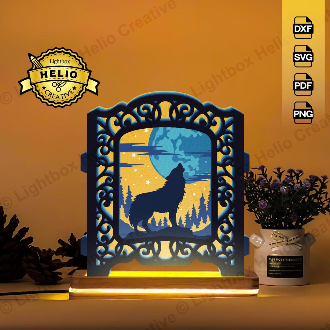 Wolf Under Moon 3D Pop-up Lightbox SVG DXF Files, DIY Shadow Box for ...