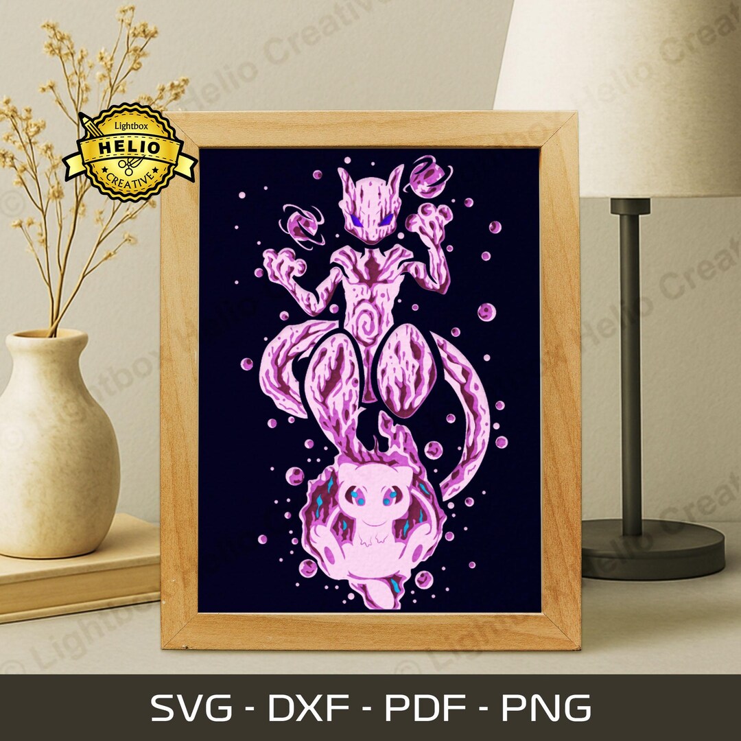 Pokemon Mew & Mewtwo 2 Lightbox SVG, DIY Anime Shadow Box Template ...
