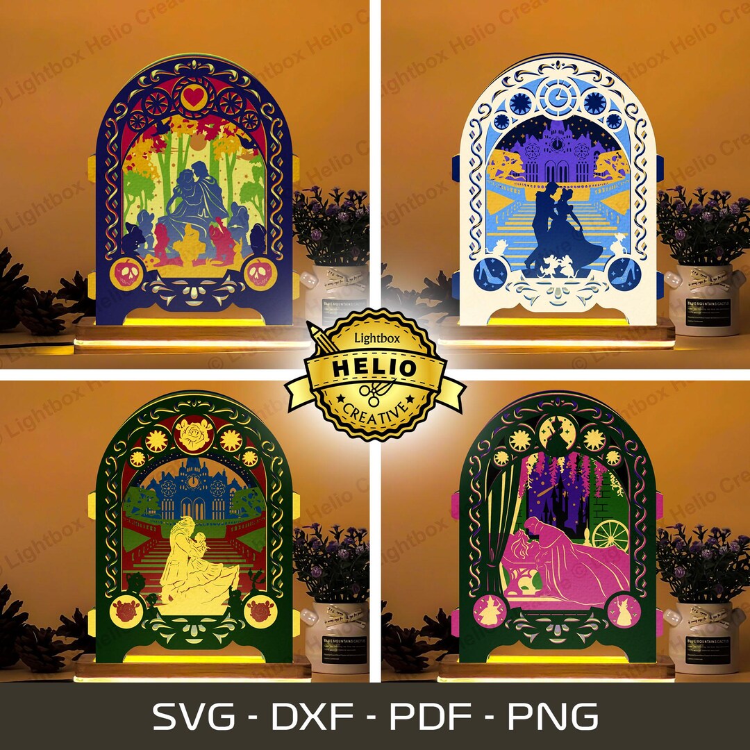 Combo 4 Disney Princess Pop-up Lightbox SVG, DIY Disney Shadow Box ...