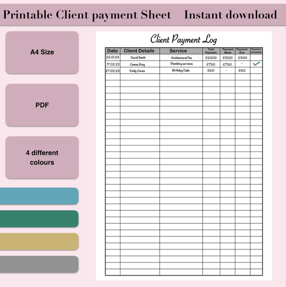 Printable Client Payment Log Sheet Client History Business - Etsy