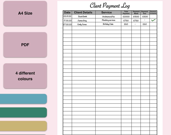 Printable Client Payment Log Sheet, Client History, Business Finance ...