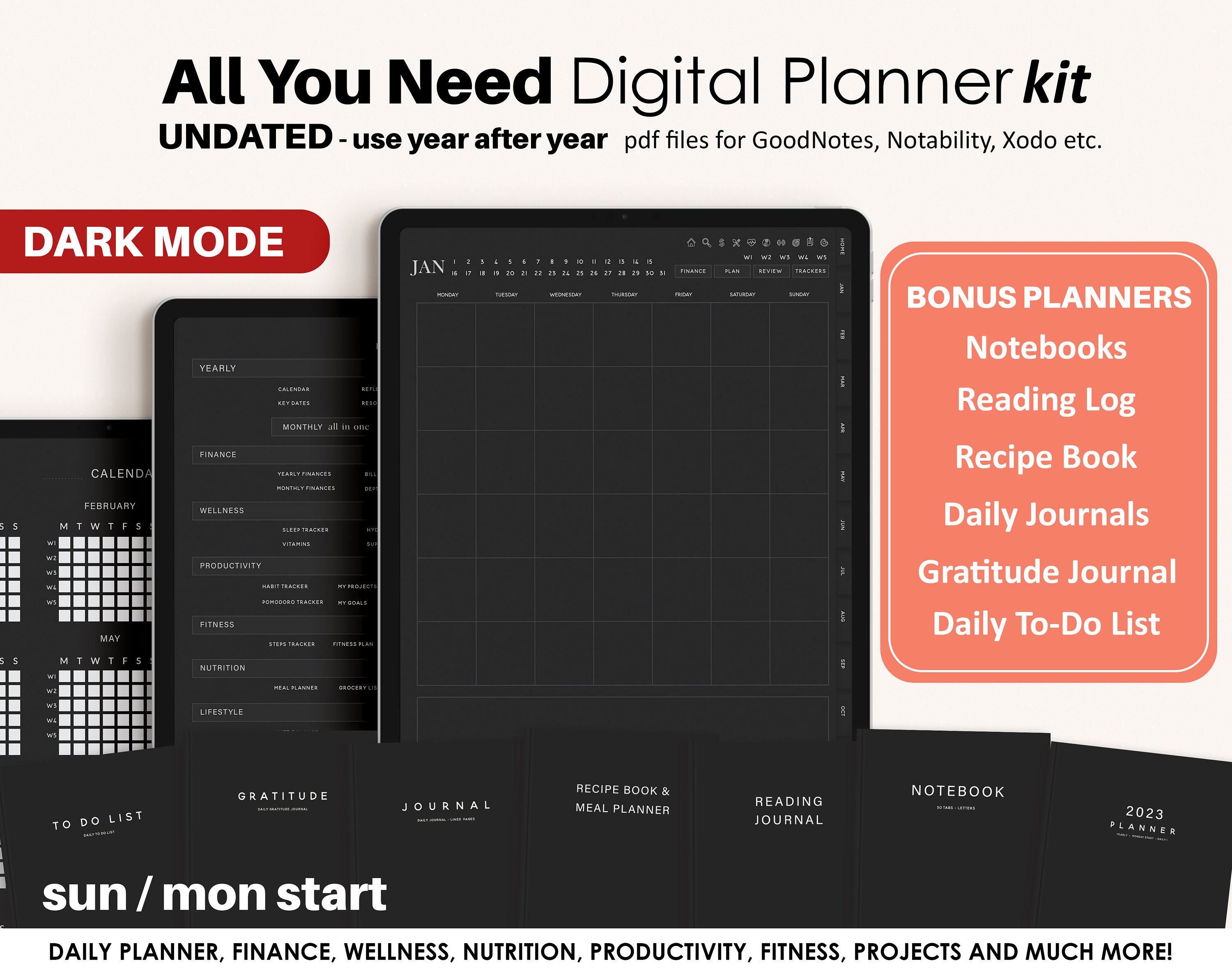 Undated Digital Planner Darkmode Goodnotes, Notability, Samsung Notes ...