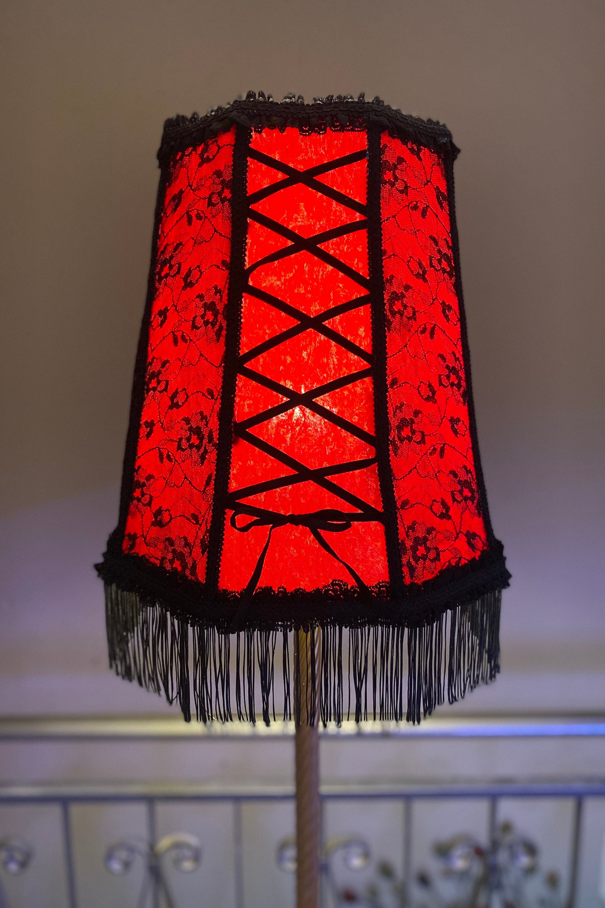 Victorian Style Red Plush And Black Lace Corset Lamp Shade For Floor Lamp Etsy