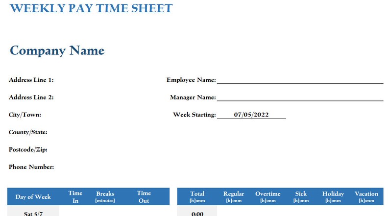 Weekly Pay Timesheet Spreadsheet Tracker - Printable Timesheet - Etsy