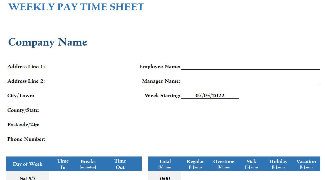 Weekly Pay Timesheet Spreadsheet Tracker - Printable Timesheet - Etsy
