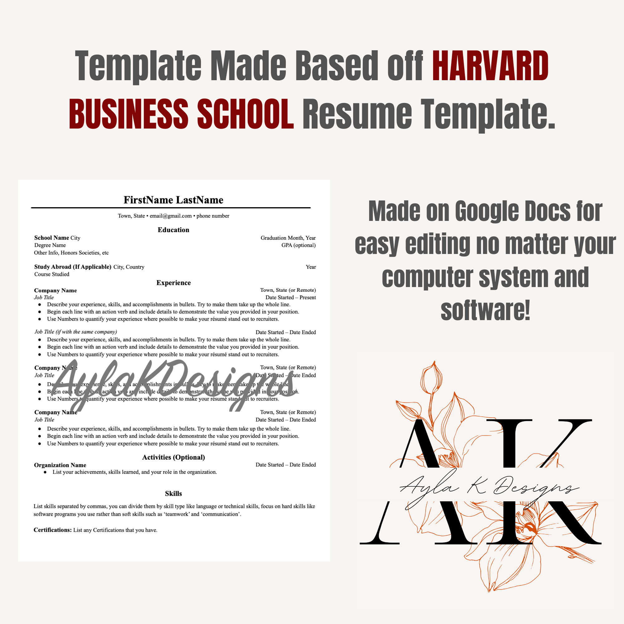 Downloadable Harvard Standard Resume Template Googledocs - Etsy