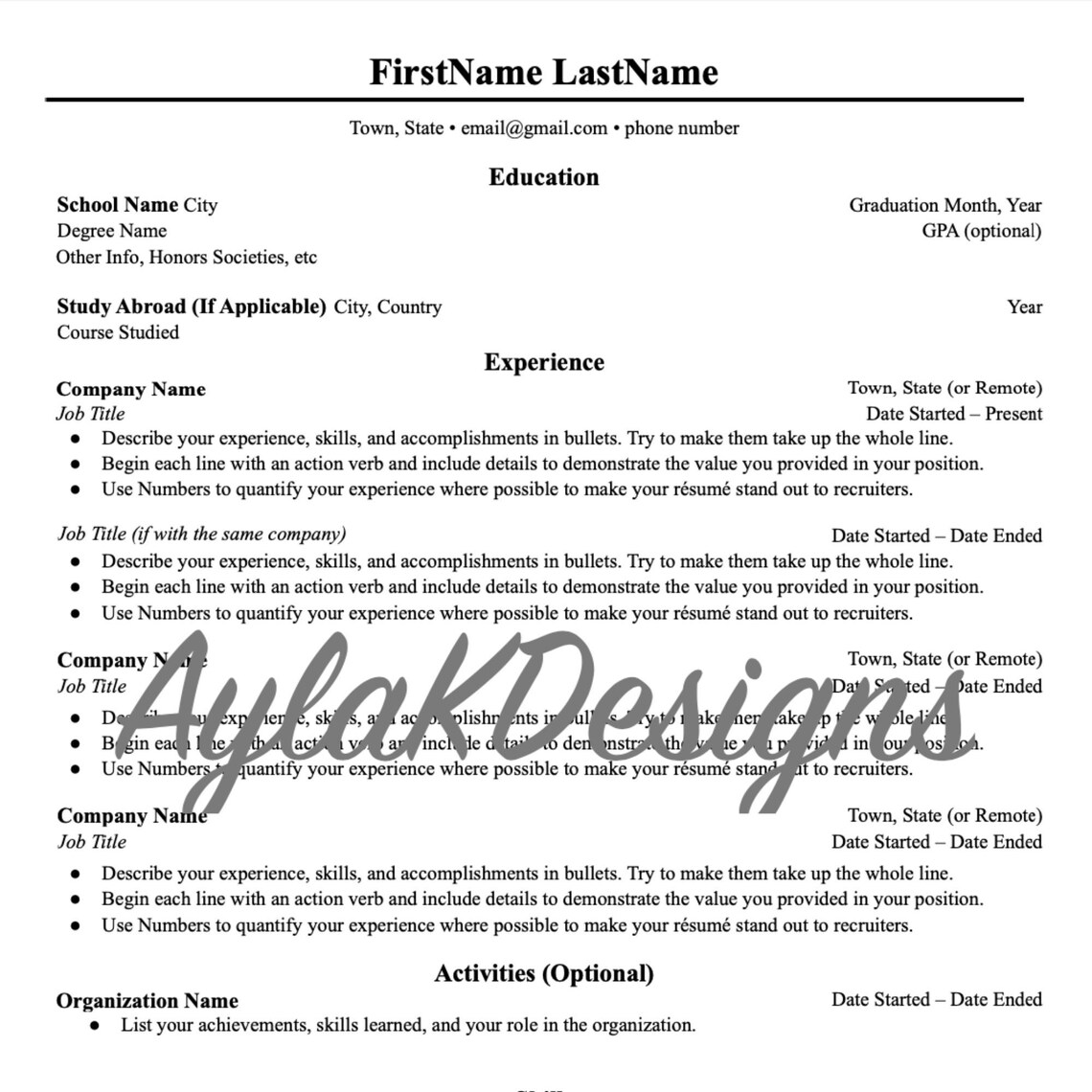 Downloadable Harvard Standard Resume Template - Googledocs - Etsy