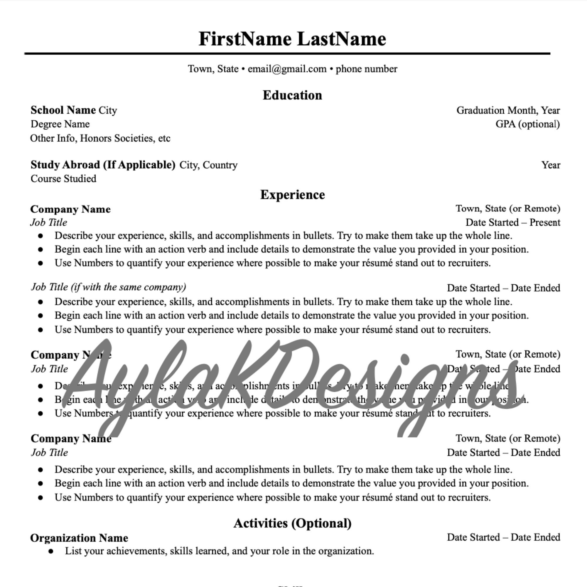 Downloadable Harvard Standard Resume Template - Googledocs - Etsy