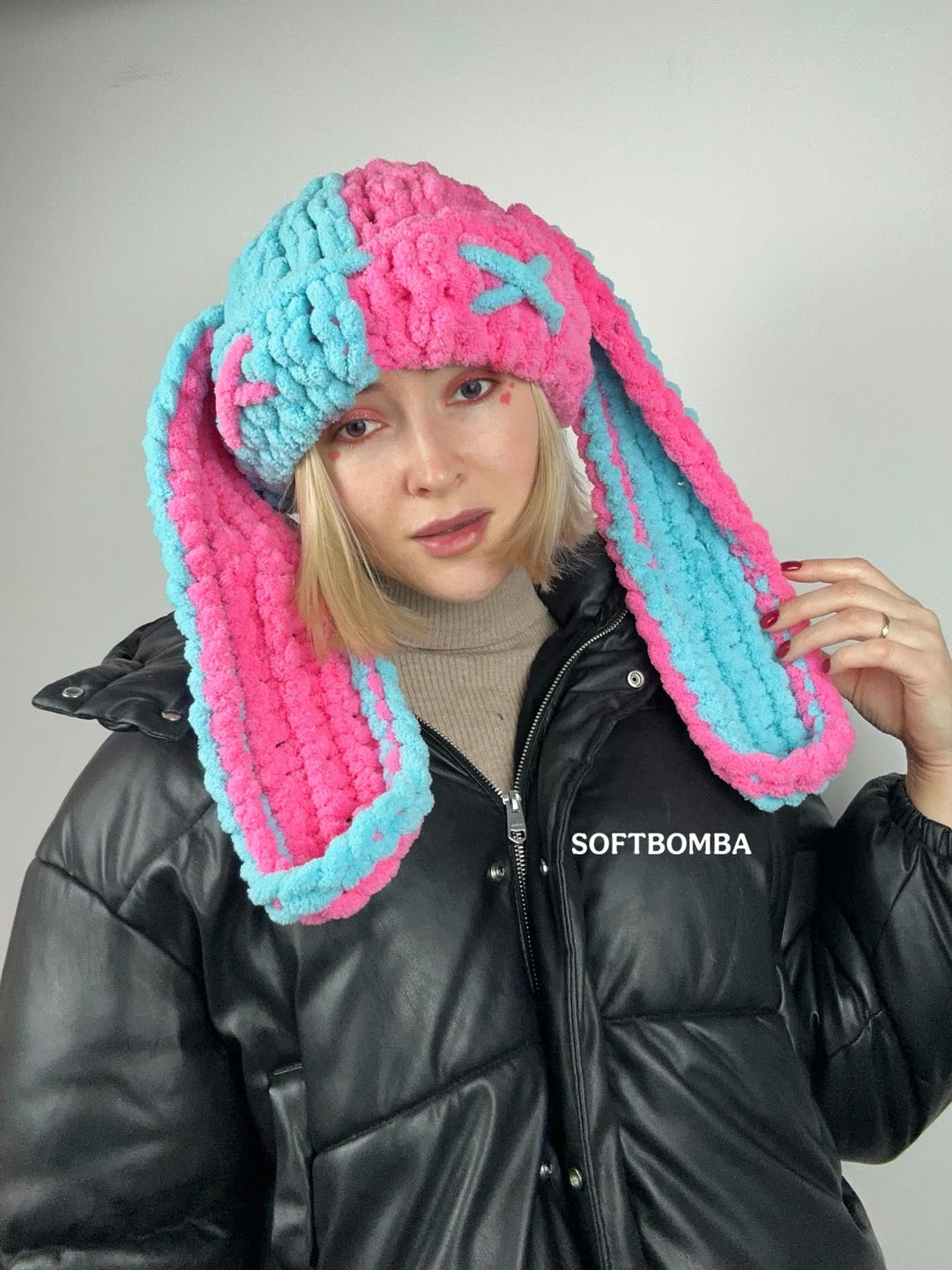 Crochet Bunny Beanie Split Hat, Bunny Long Ear Winter Hat Double Color ...