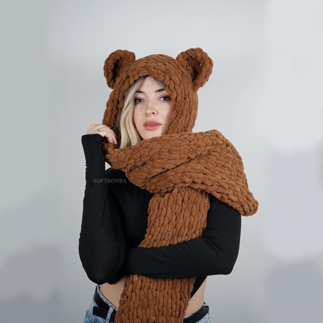 Teddy Ear Crochet Hooded Scarf, Bunny Scarf Hat, Bear Shawls and Wraps ...