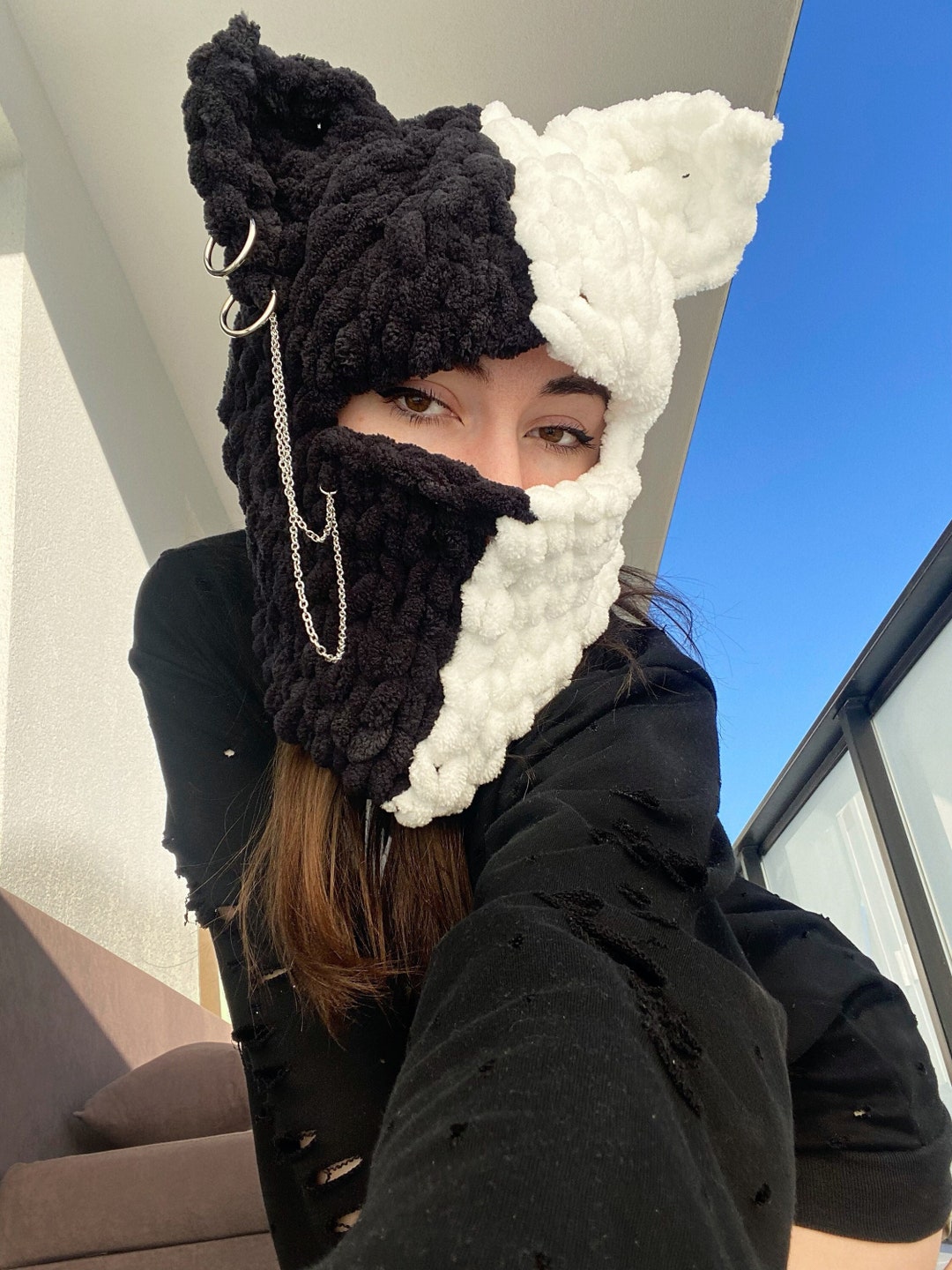 Cat Ears Crochet Balaclava, Knit Ears Balaclava, Ski Mask With Ears ...