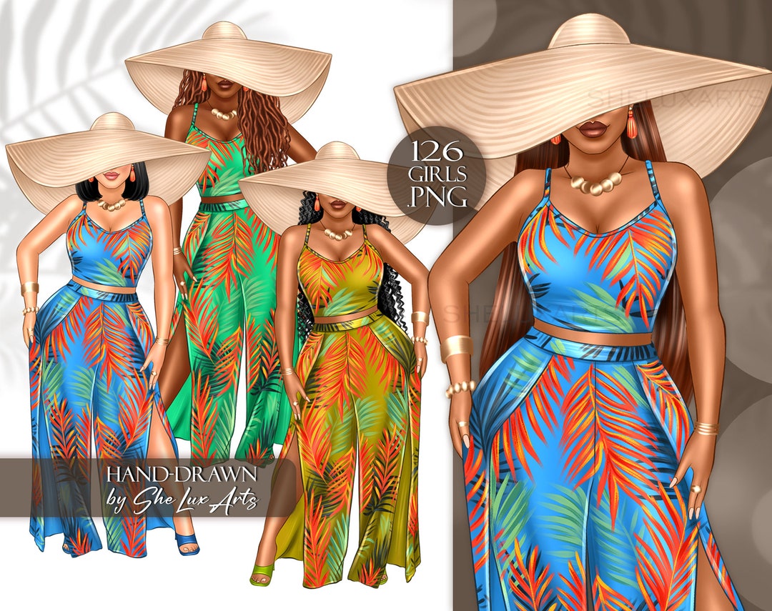 Palm Tree Princess Clipart Black Woman In Tropical Dress Clip Art Summer Girl In Hat Hand