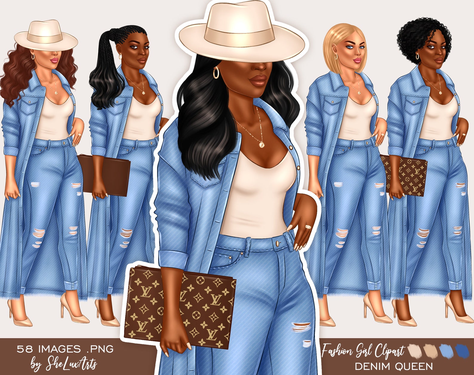 Fashion Clipart Girl, Denim Girl Clipart, Black Woman Clipart, Fashion ...