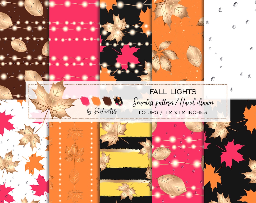 Pink Fall Digital Paper, Seamless Pattern, Gold Digital Paper, Lights ...