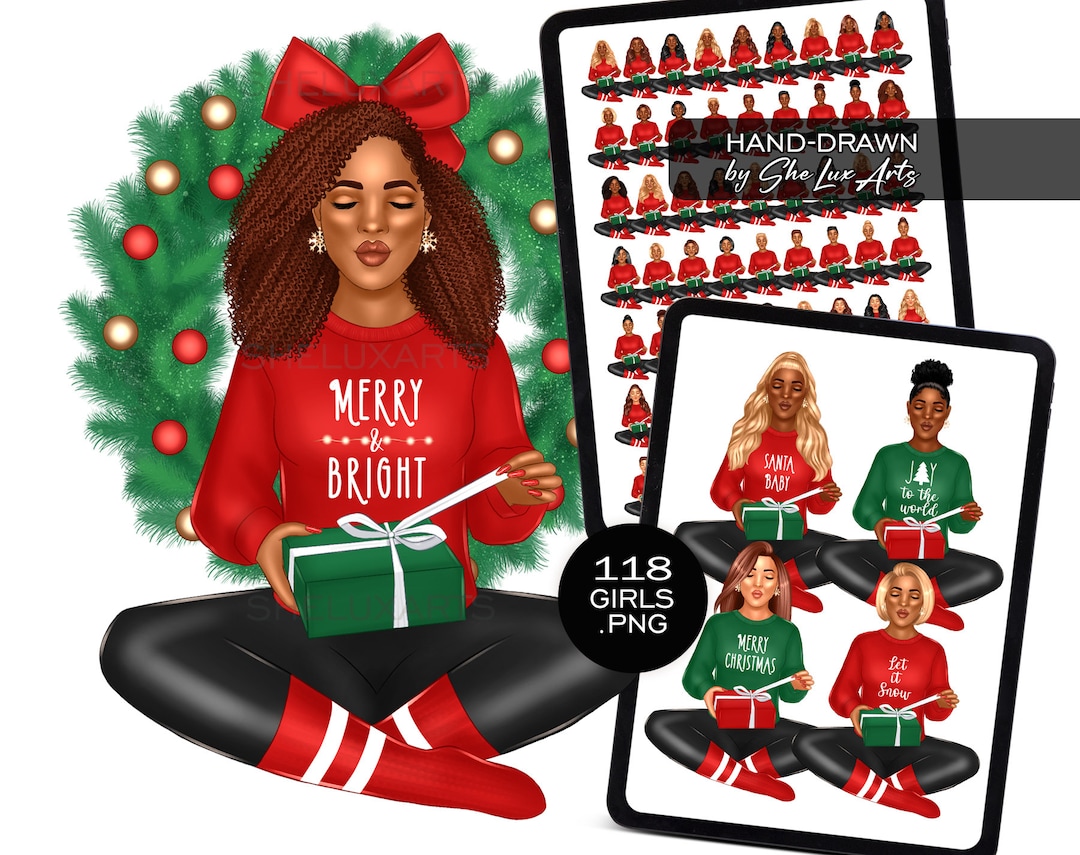 African American Christmas Clipart, Black Girl Christmas Wreath PNG ...