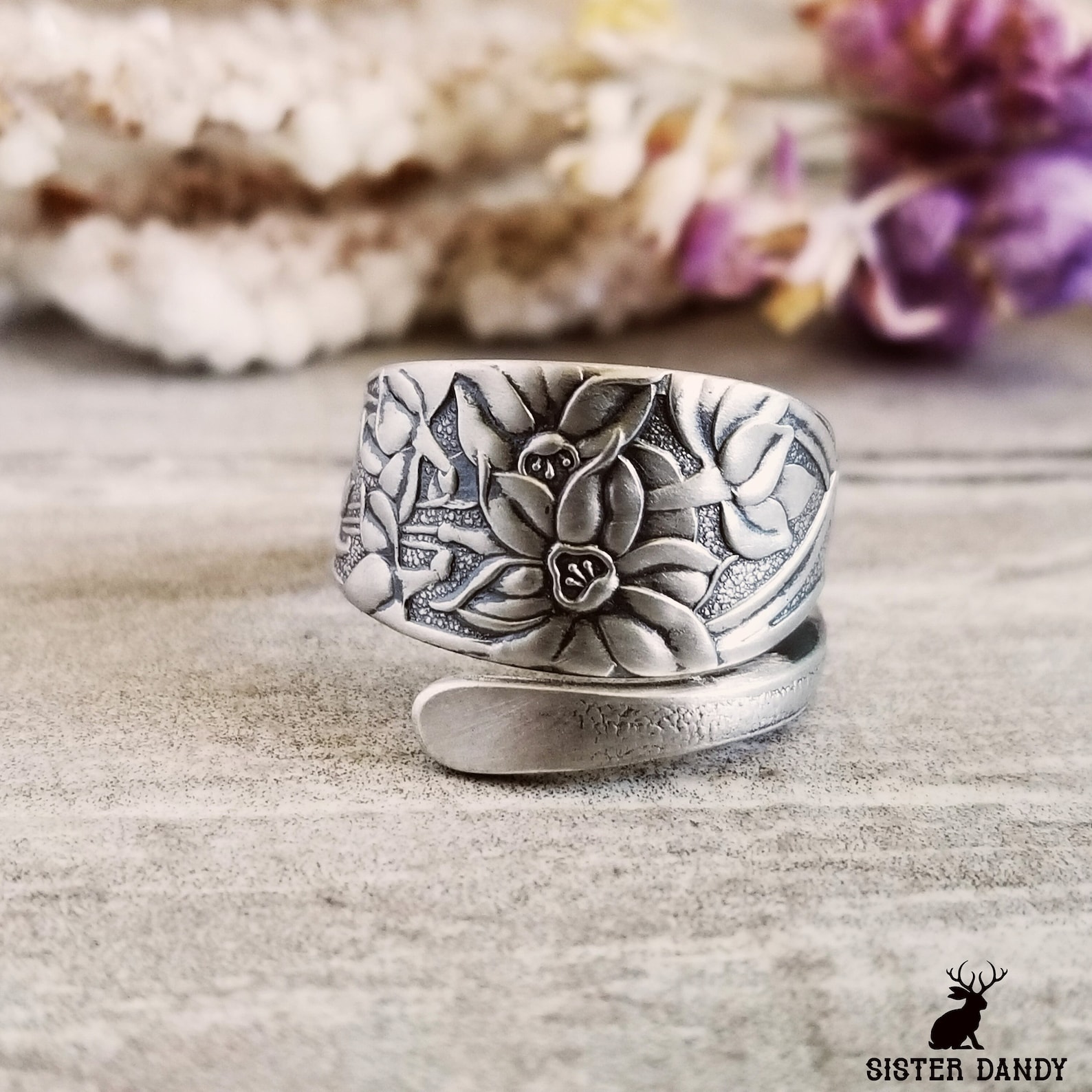 Silver Daffodil Wrap Ring, Floral Sterling Bloom Ring, Vintage Spring ...