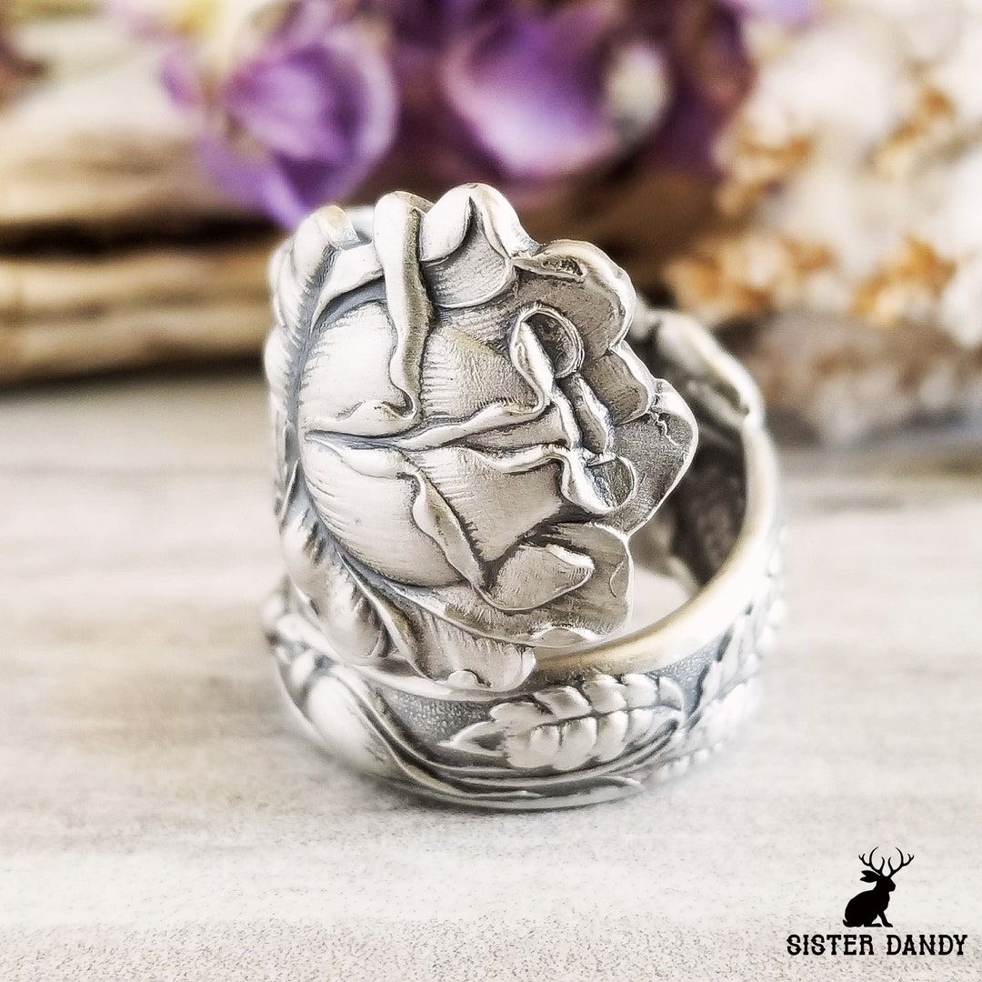 Silver Rose Blossom Spoon Ring, Vintage Rose Ring, Sterling Rose Spoon ...