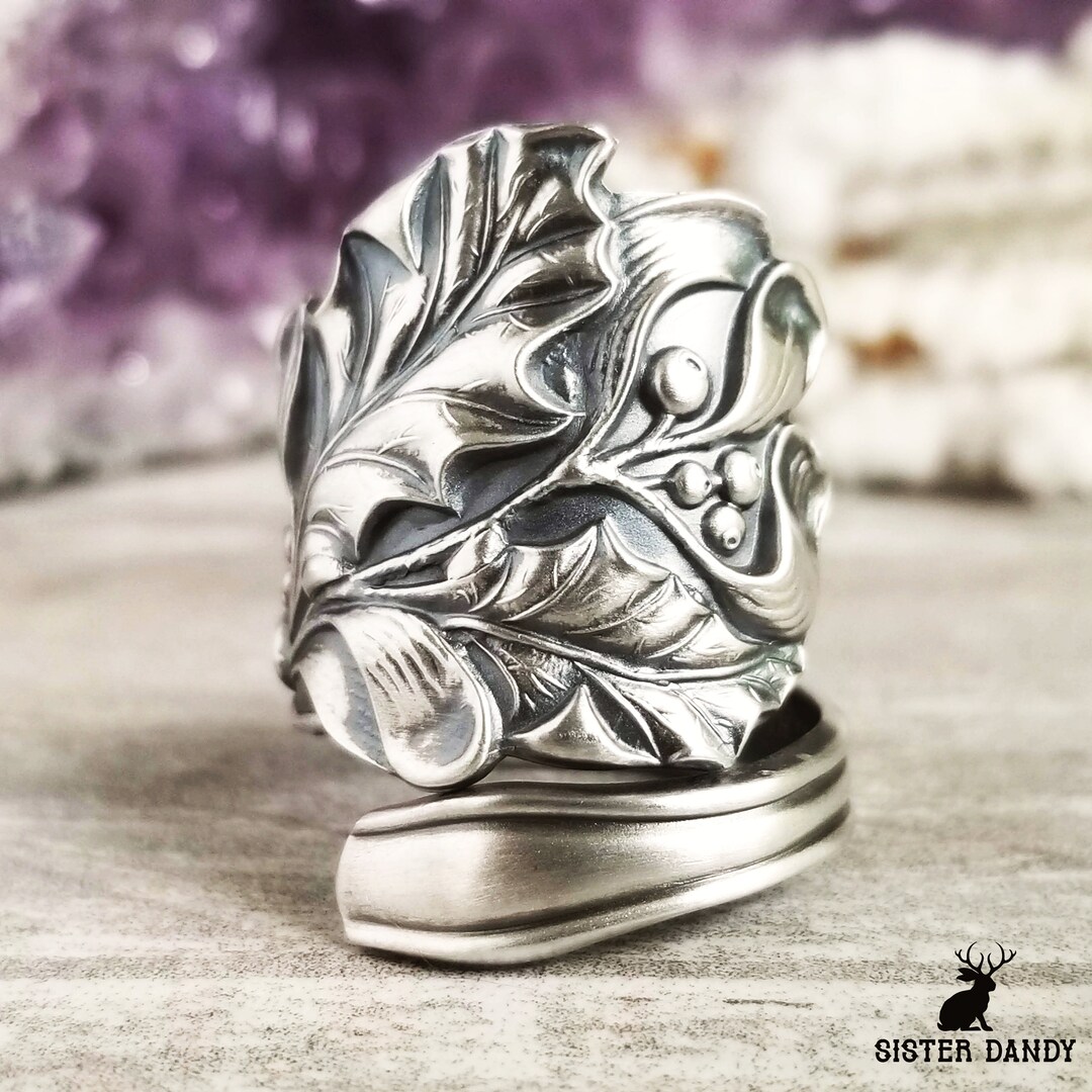 Elegant Sterling Holly Ring, Silver Holly Wrap Ring, Mistletoe Ring ...