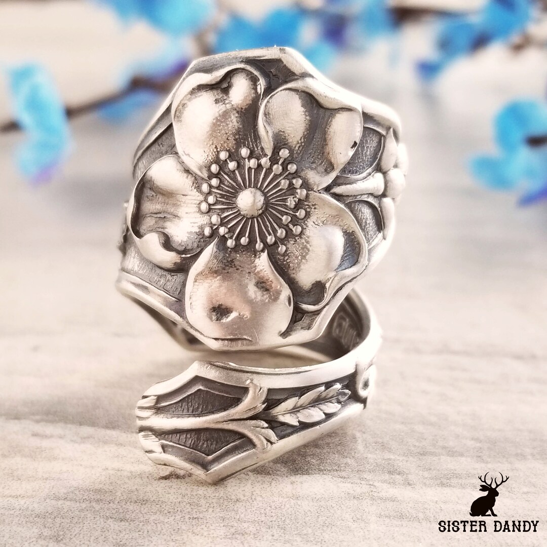 Wild Rose Spoon Ring, Sterling Floral Spoon Ring, Antique Rose Sterling ...