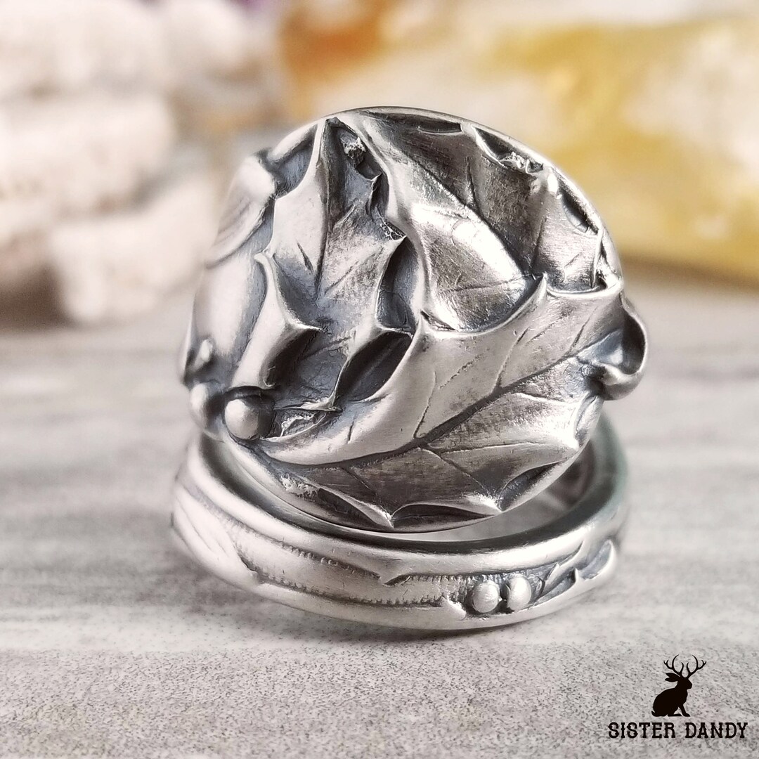 Silver Holly Ring, Art Nouveau Holly Sterling Spoon Ring, Antique Christmas Silver Ring ...