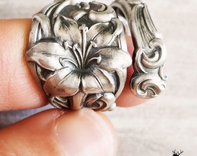 Art Nouveau Lily Ring, Silver Lily Spoon Ring, Vintage Flower Spoon Ring, Antique Floral ...