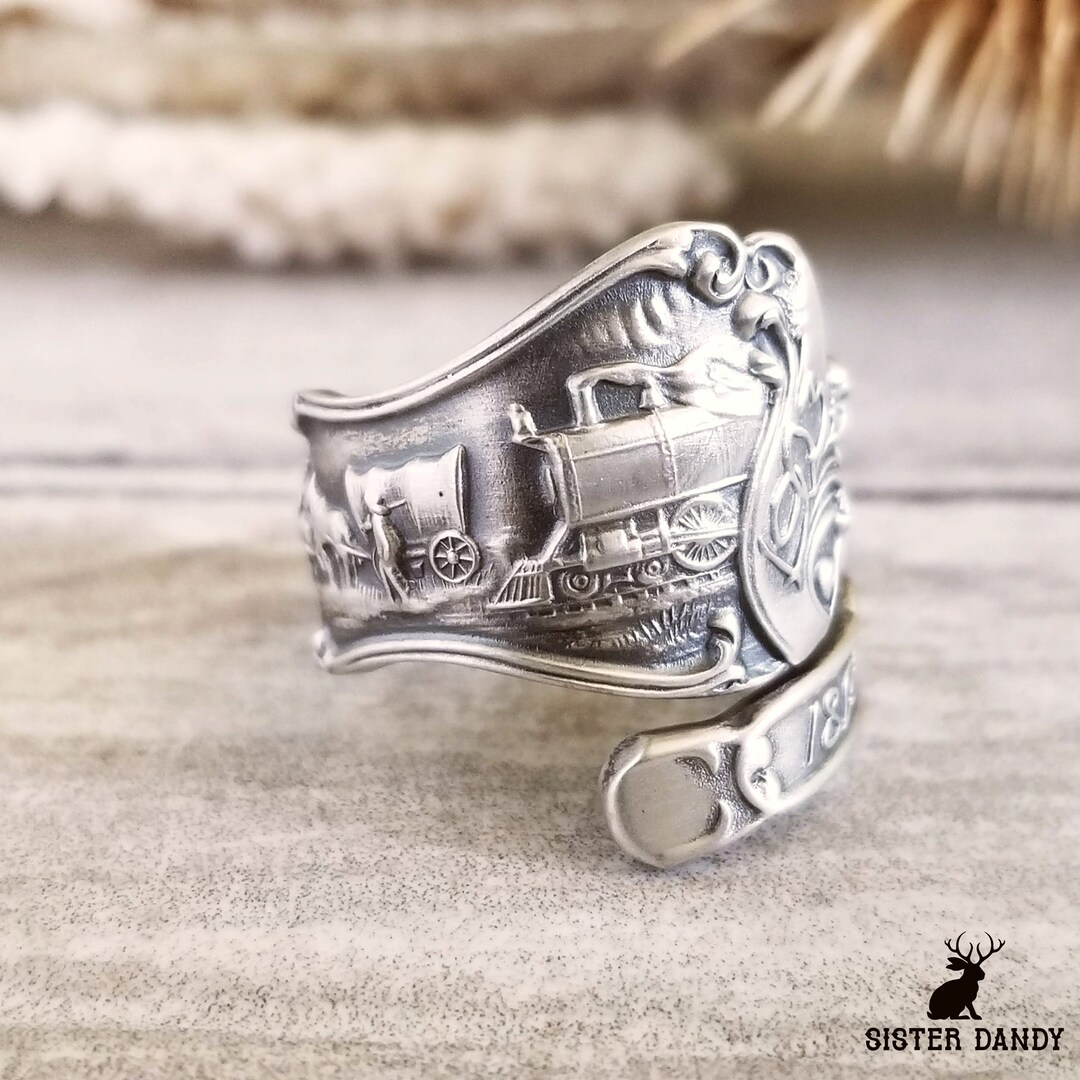 Train and Pioneers Spoon Ring, Sterling Spoon Ring, Western Spoon Ring ...
