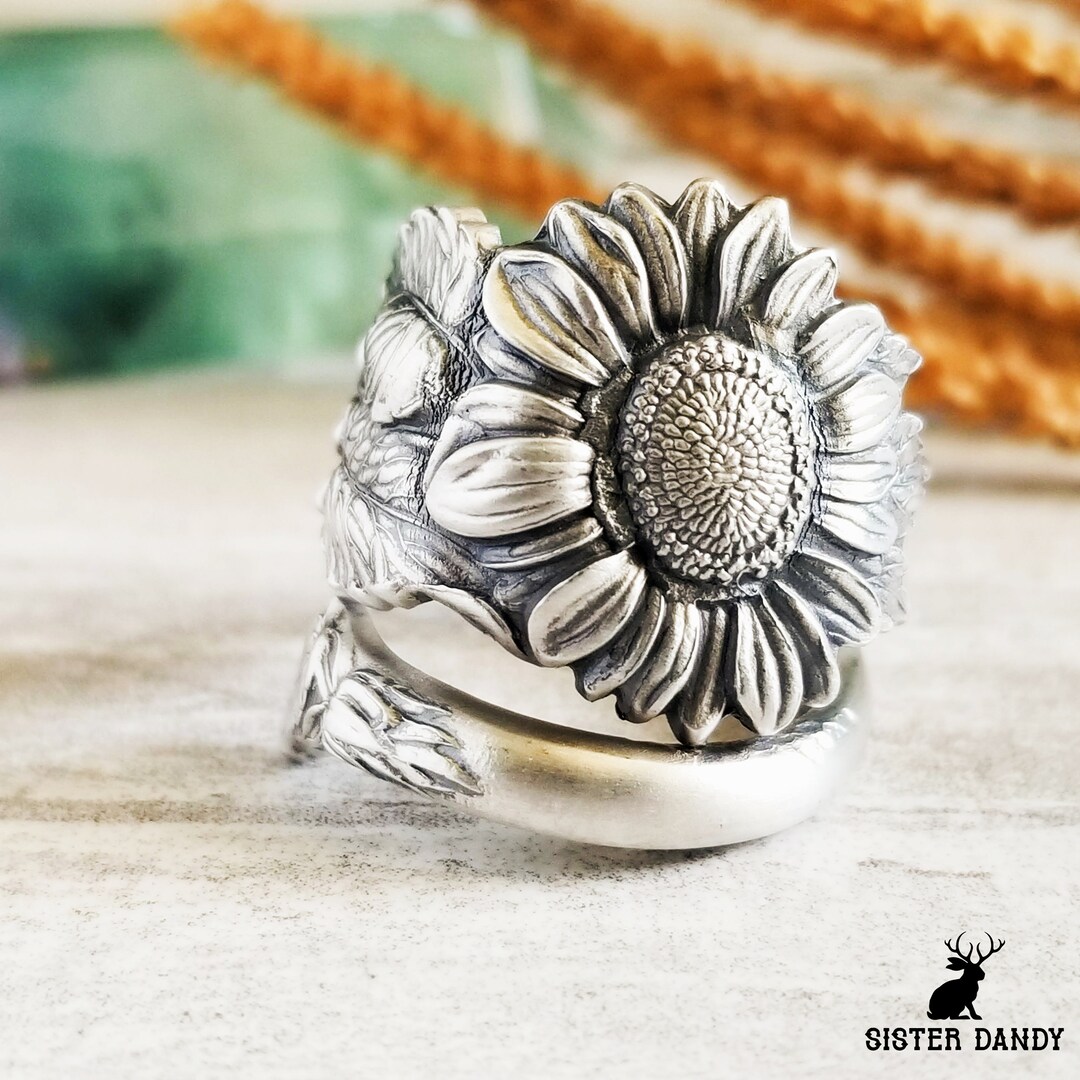 Sunflower Spoon Ring, Birth Flower Spoon Ring, Sterling Sunflower Ring ...