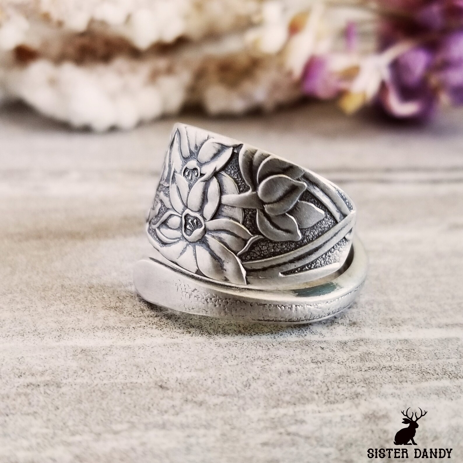 Silver Daffodil Wrap Ring, Floral Sterling Bloom Ring, Vintage Spring ...