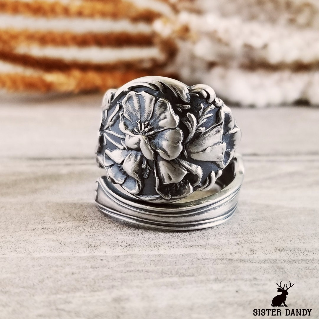 Sterling Poppy Ring, Poppies Wildflower Ring, Vintage Spoon Ring ...