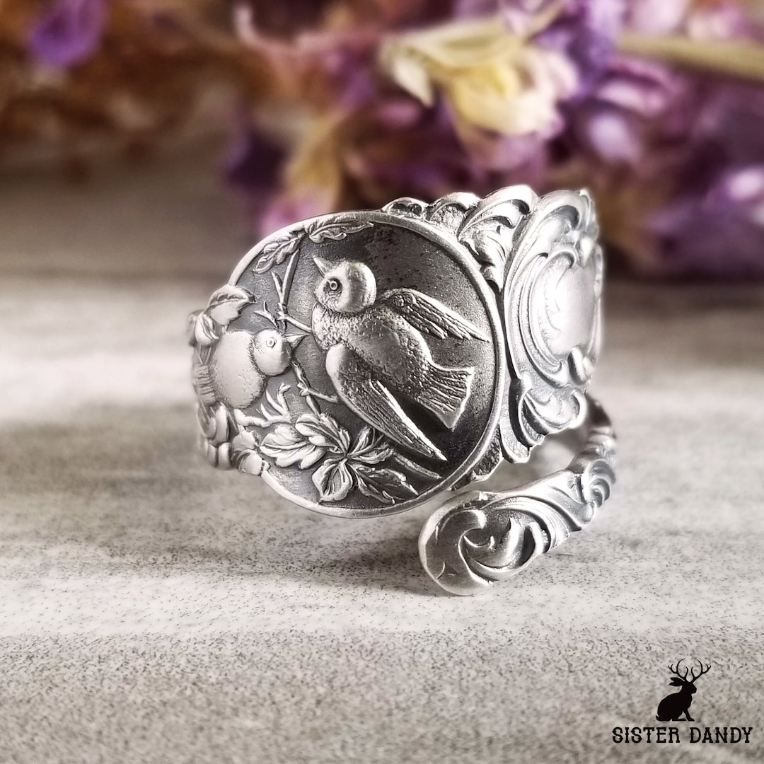 Sterling Love Birds Ring, Sparrow Spoon Ring, Mama Bird Ring, Love ...