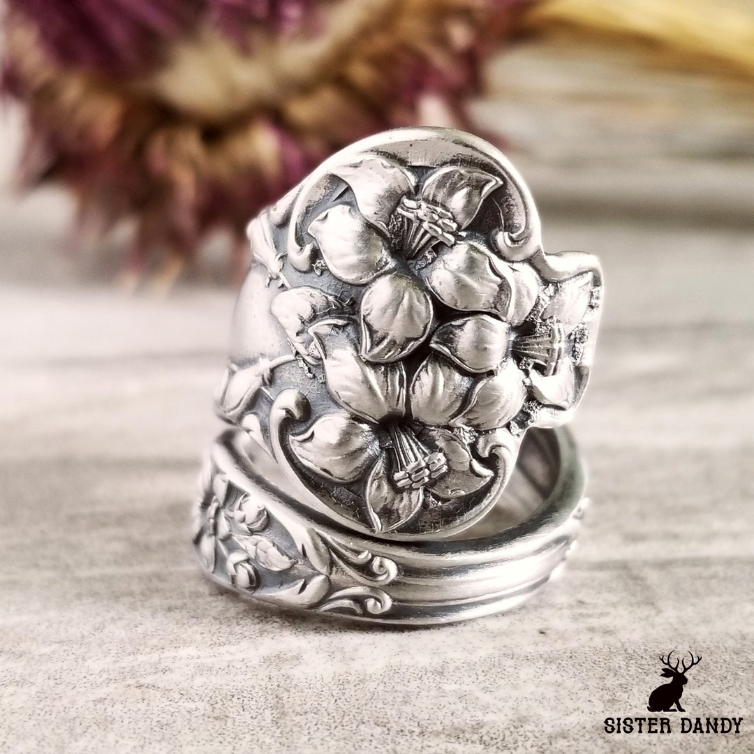 Art Nouveau Lily Ring, Silver Lily Spoon Ring, Antique Floral Sterling ...