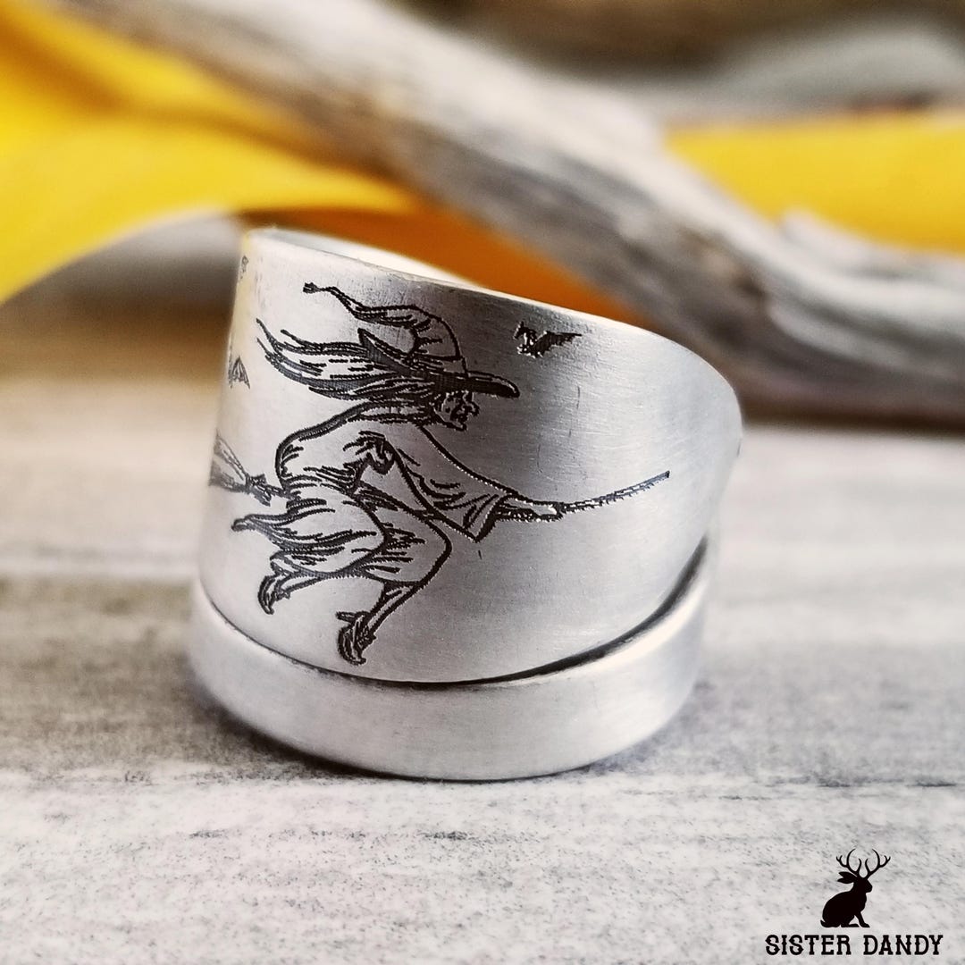 Sterling Silver Engraved Witch Ring, Handmade Engraved Witch on Broom ...