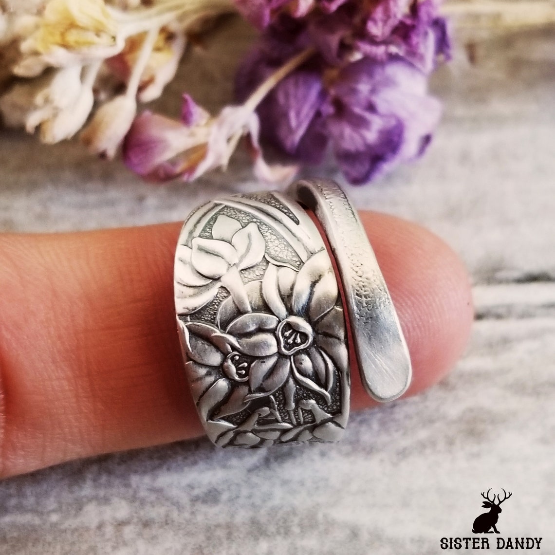 Silver Daffodil Wrap Ring, Floral Sterling Bloom Ring, Vintage Spring ...