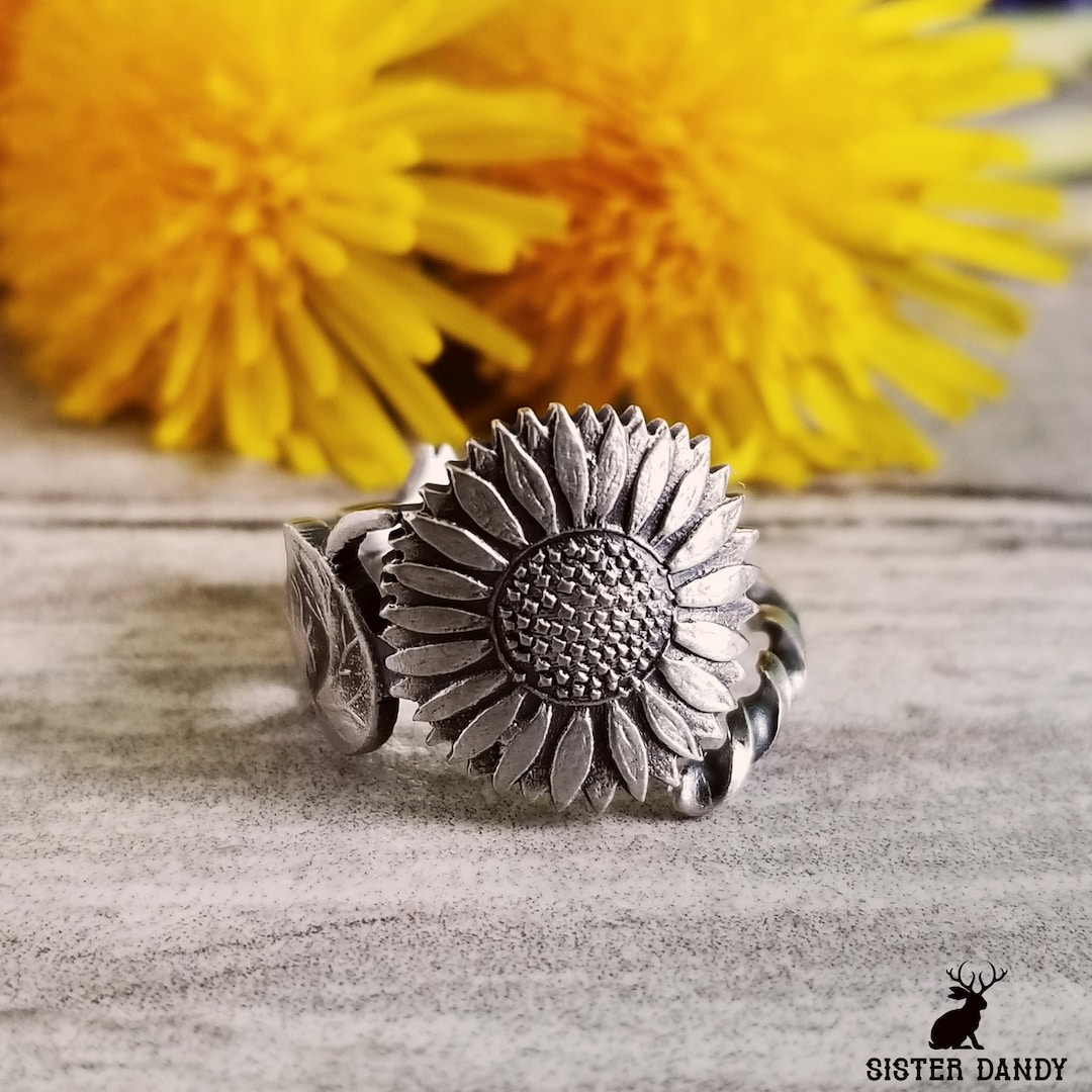 Kansas Sunflower & Grasshopper Spoon Ring, Flower Spoon Ring, Sterling ...