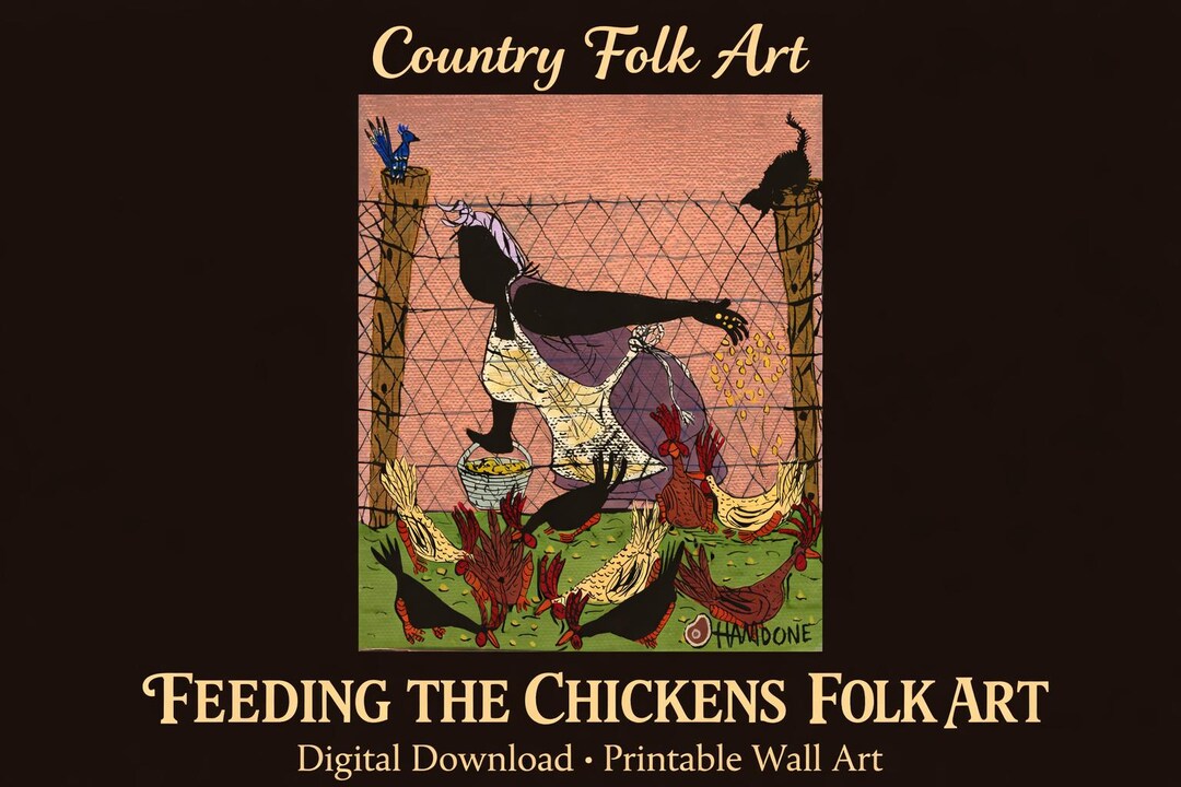 Folk Art Chicken Feeding Scene Printable | Southern Folk Art Farm ...